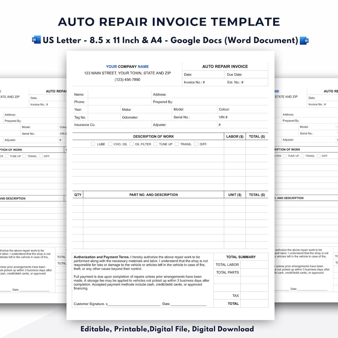 Auto Repair Invoice, Automotive Service Invoice Template, Google Docs ...