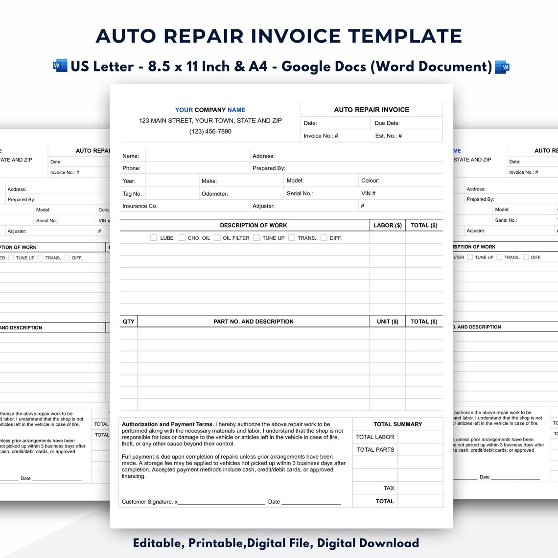 Auto Repair Invoice, Automotive Service Invoice Template, Google Docs ...