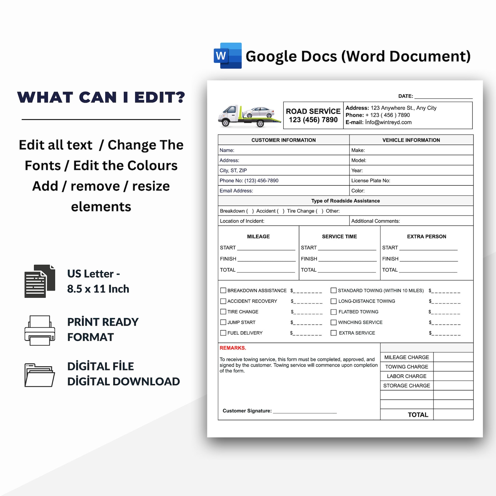 Road Service Towing Register Form Template (google Docs, US Letter ...
