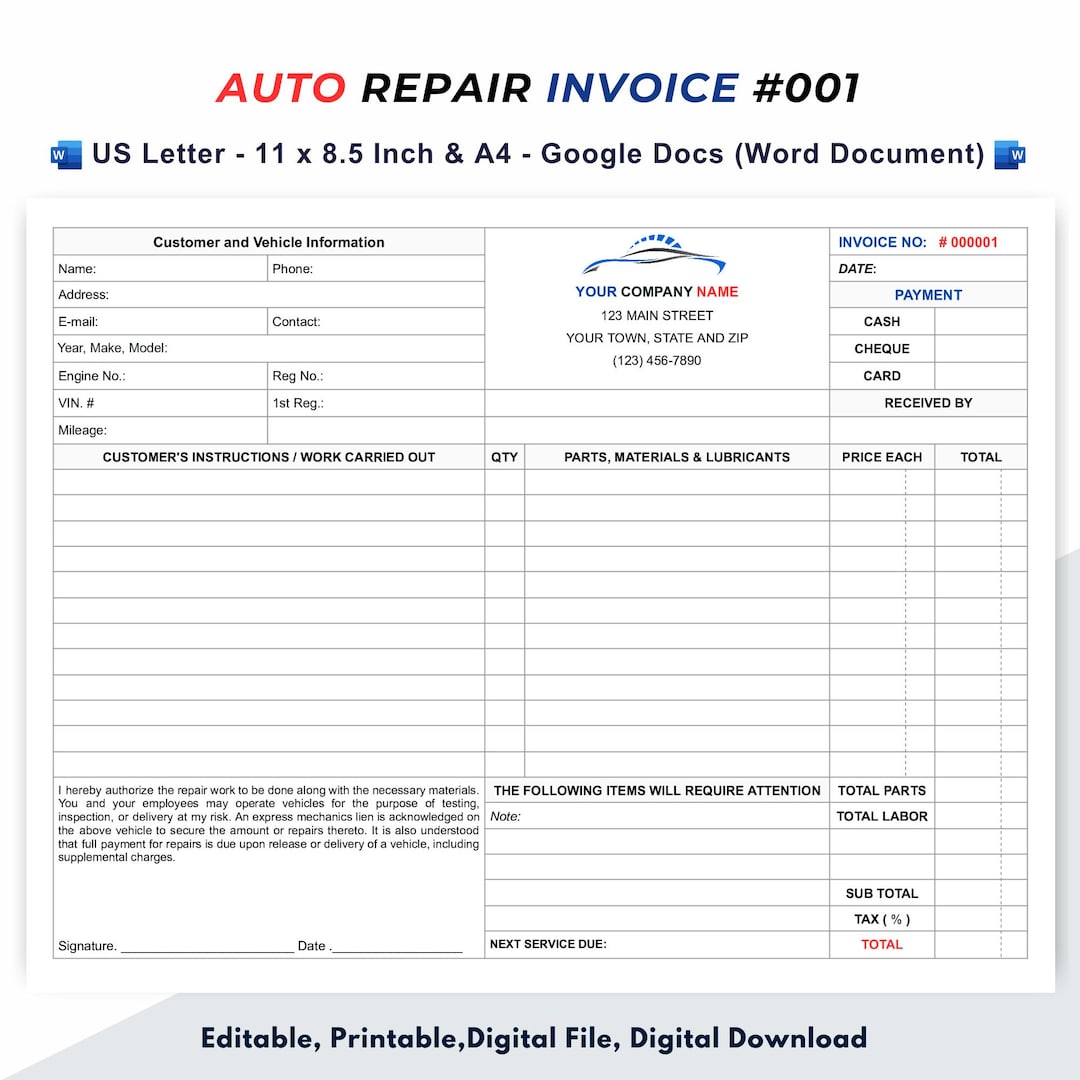 Auto Repair Invoice Template, Editable & Printable, Invoice Form #001 ...