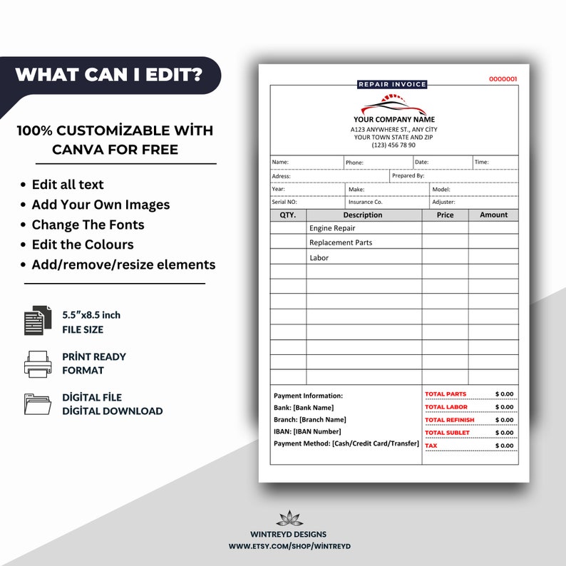 Small Repair Invoice Template , Google Docs (word Document) - Etsy