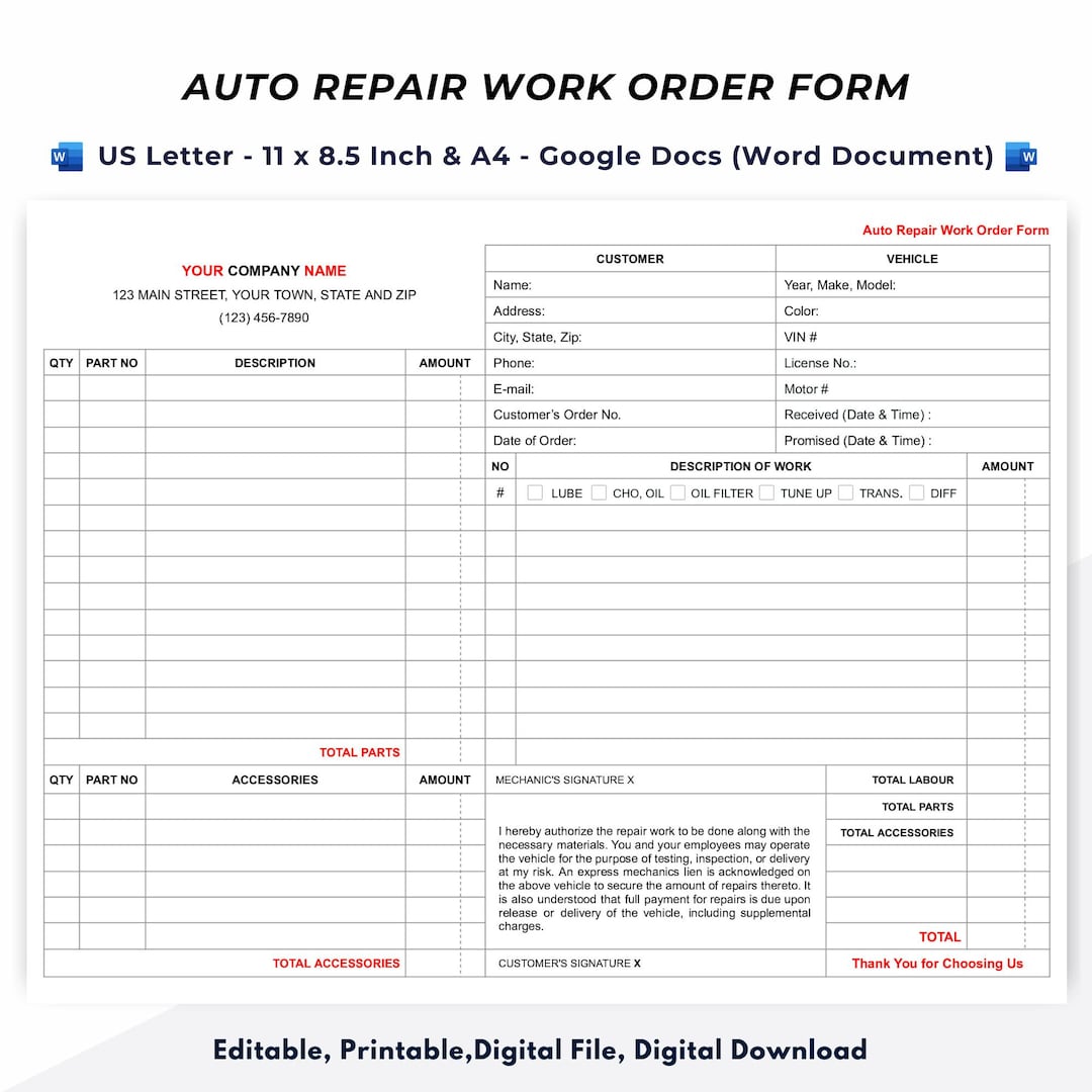 Auto Repair Work Order Template, Google Docs (word Document) - Etsy ...