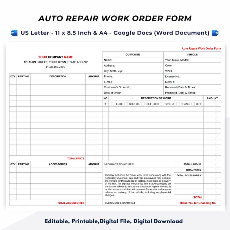Auto Repair Work Order Template, Google Docs (word Document) - Etsy ...