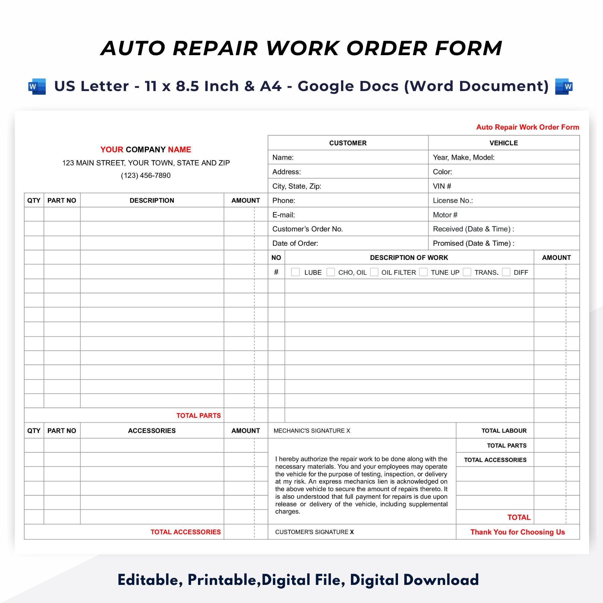 Auto Repair Work Order Template, Google Docs (word Document) - Etsy
