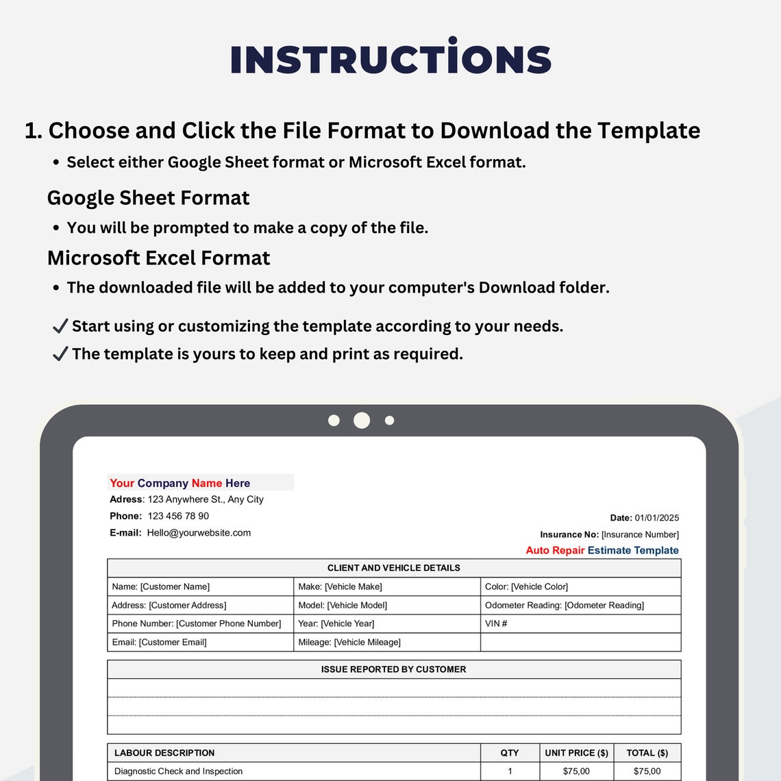 Auto Repair Estimate Form Template - Google Sheets (excel) Template - Etsy