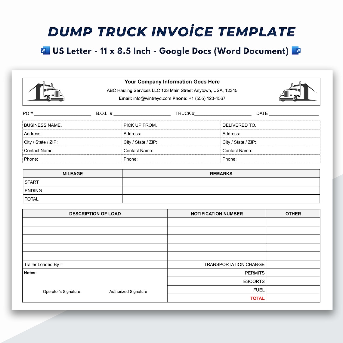 Dump Truck Invoice Form Template - Digital Download - Etsy