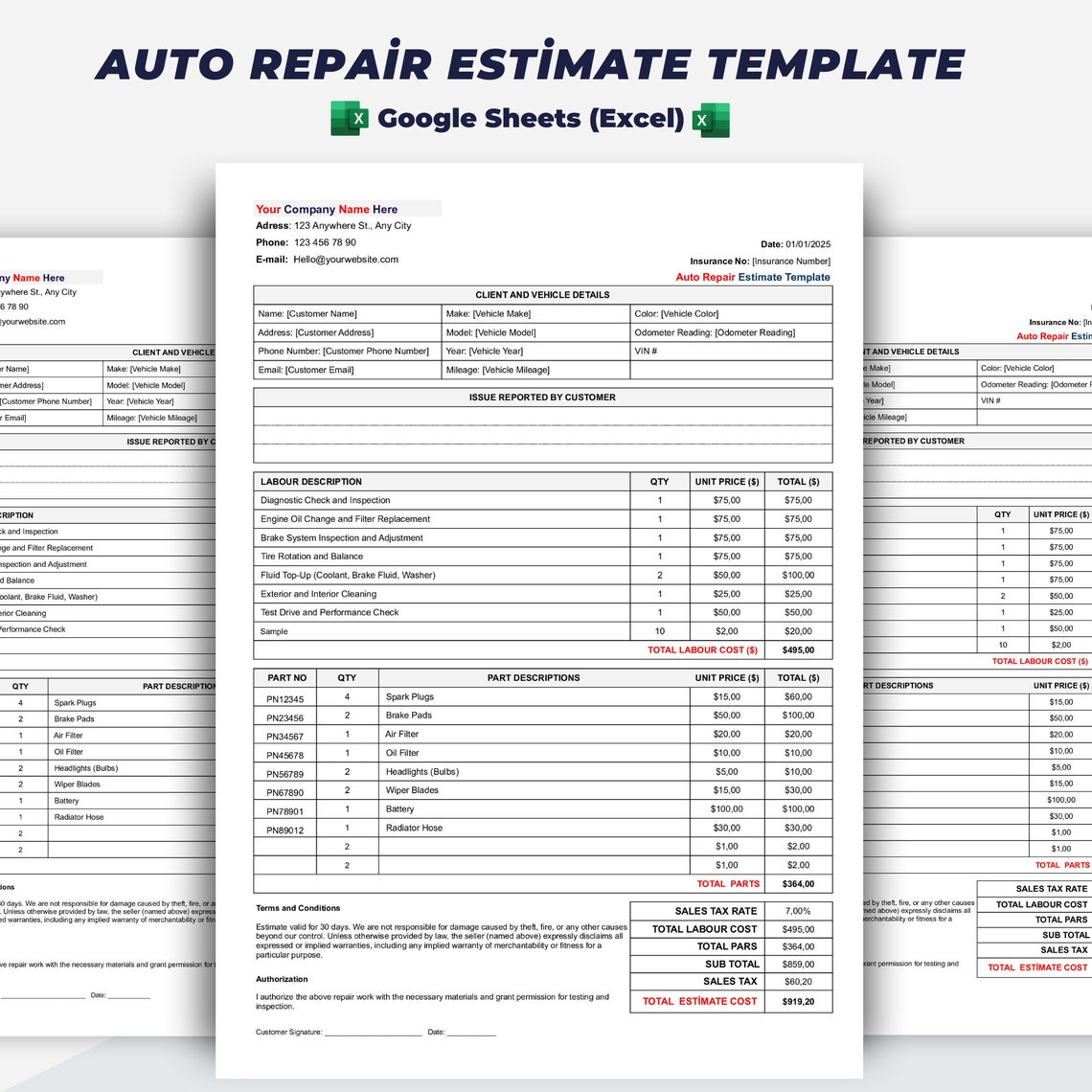 Auto Repair Estimate Form Template - Google Sheets (excel) Template - Etsy