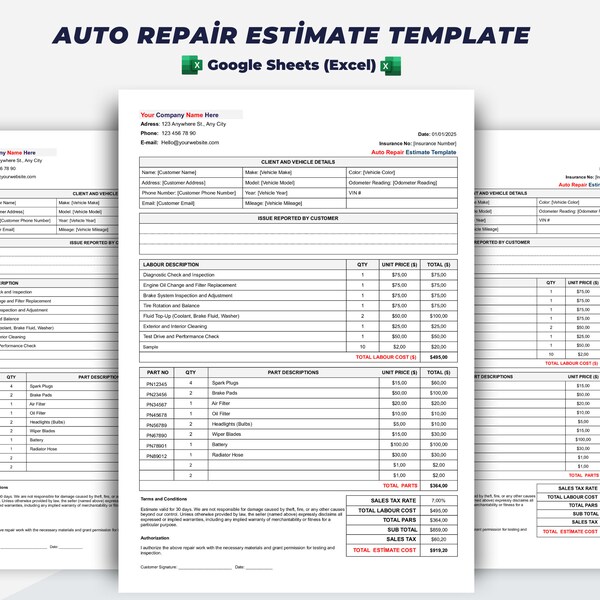 Auto Repair Estimate Template - Etsy