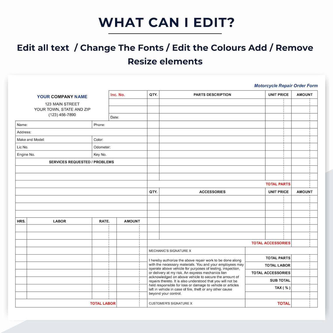Motorcycle Repair Order Form Template (google Docs, US Letter) (digital ...