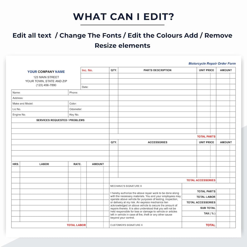 Motorcycle Repair Order Form Template (google Docs, US Letter) (digital ...