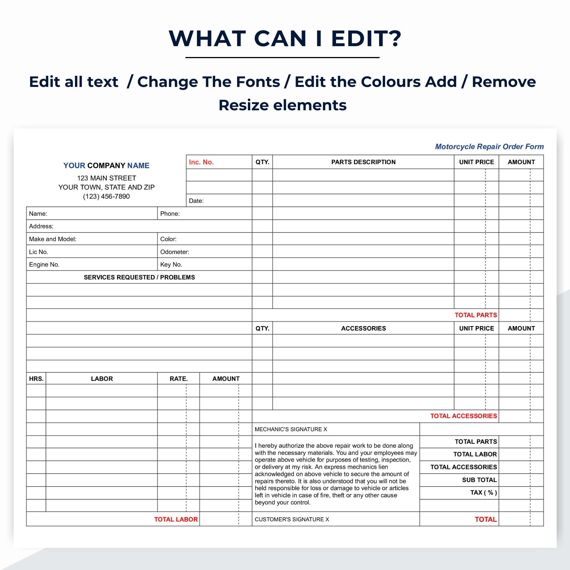 Motorcycle Repair Order Form Template (google Docs, US Letter) (digital ...