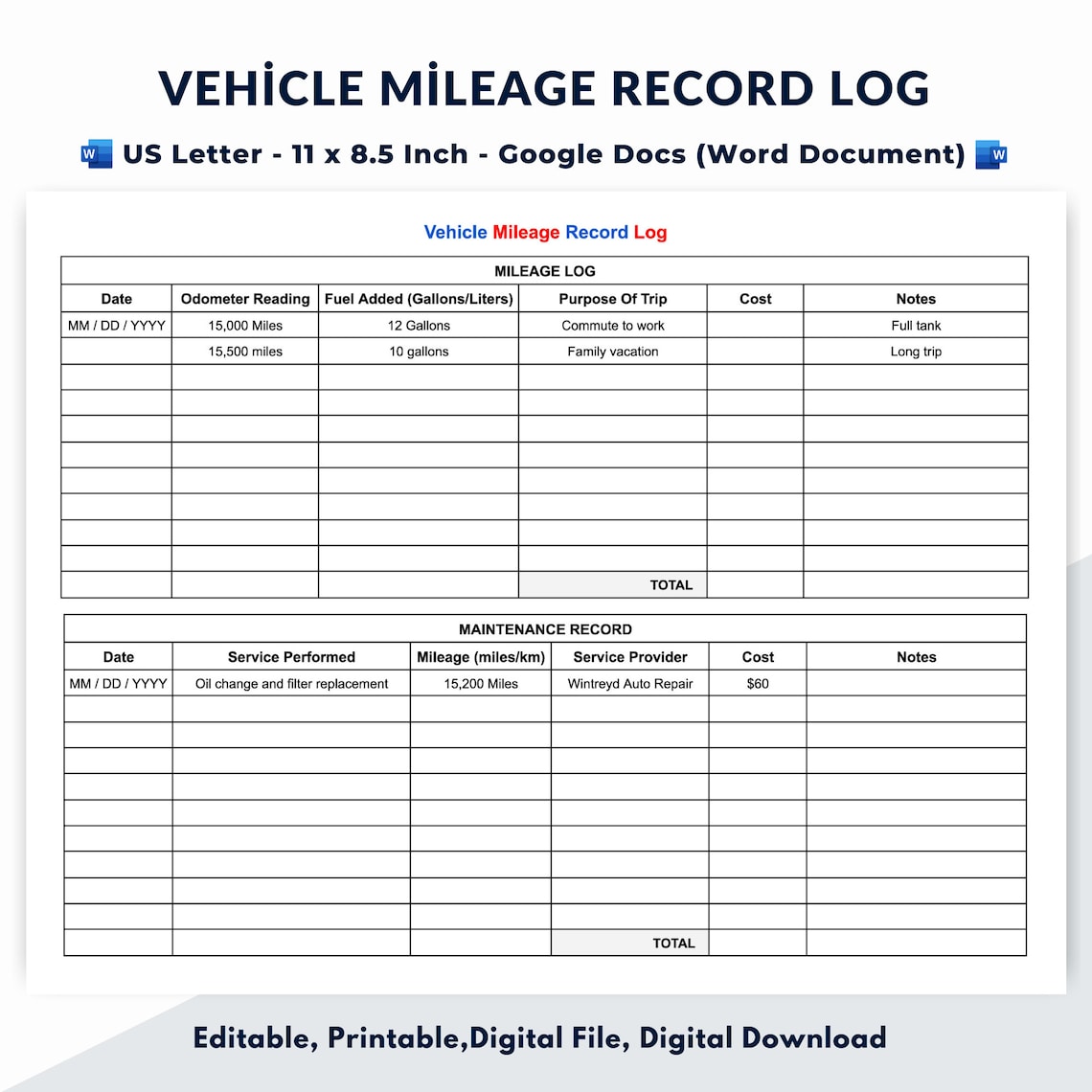 Vehicle Mileage Record Log, Mileage and Maintenance Record Log Template ...