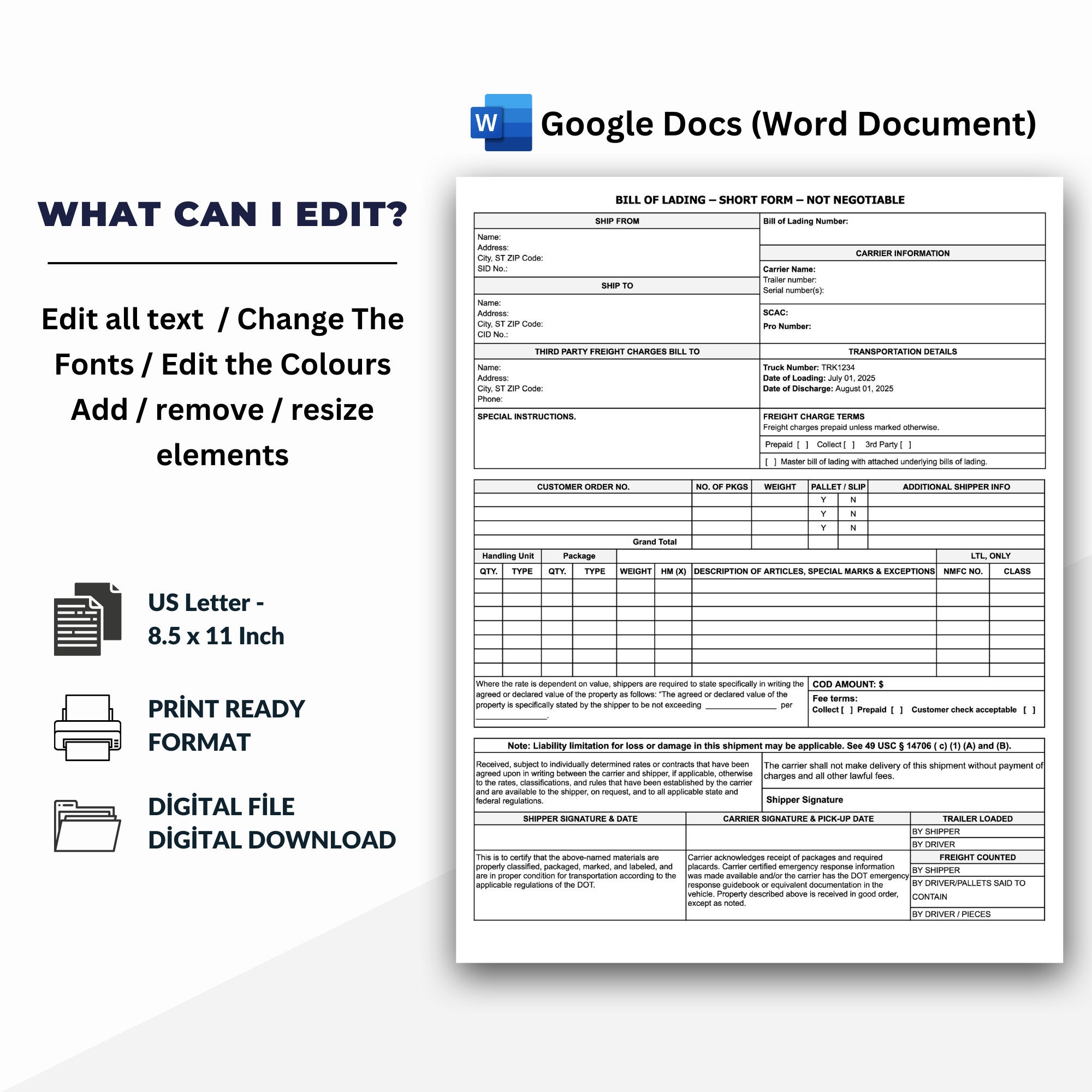 Bill of Lading Template, Google Docs (word Document) - Etsy Bill of Lading Template, Google Docs (word Document) - Etsy