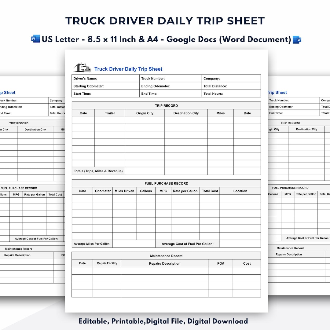 Truck Driver Daily Trip Sheet Template - Digital Download - Etsy