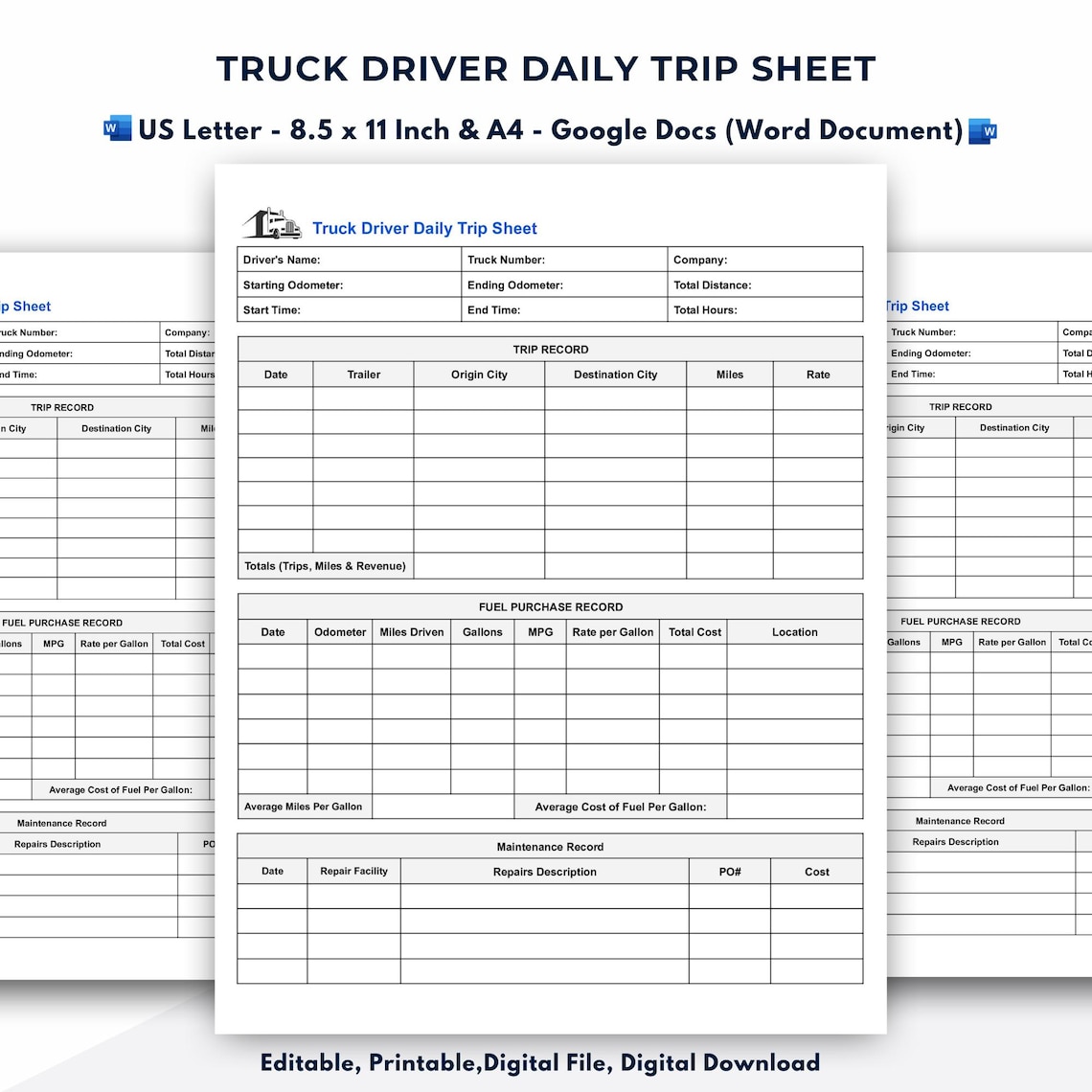 Truck Driver Daily Trip Sheet Template - Digital Download - Etsy