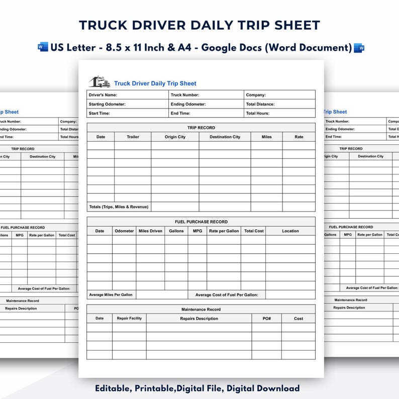Truck Driver Daily Trip Sheet Template - Digital Download - Etsy