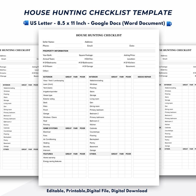 House Hunting Checklist Template, Home Buying Planner, Google Docs ...