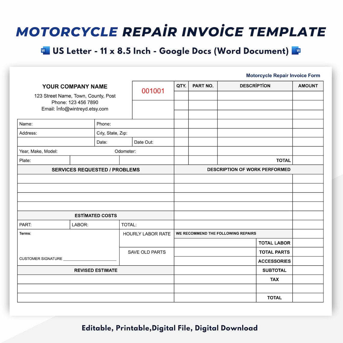 Motorcycle Repair Invoice Template, Repair Estimate Form - Etsy