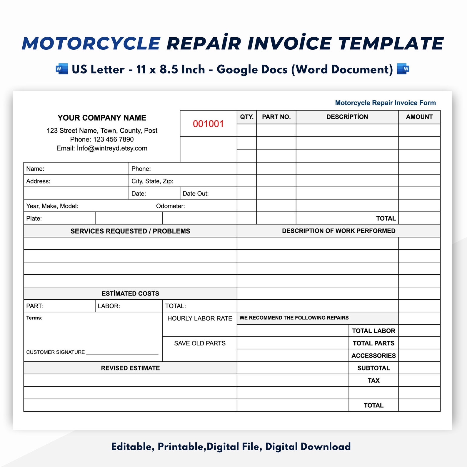 Motorcycle Repair Invoice Template, Repair Estimate Form - Etsy