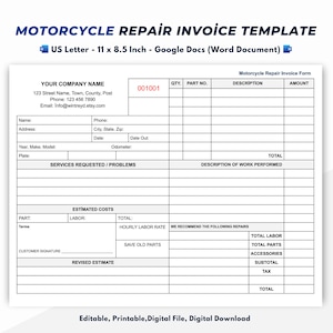 Motorcycle Repair Invoice Template, Repair Estimate Form - Etsy