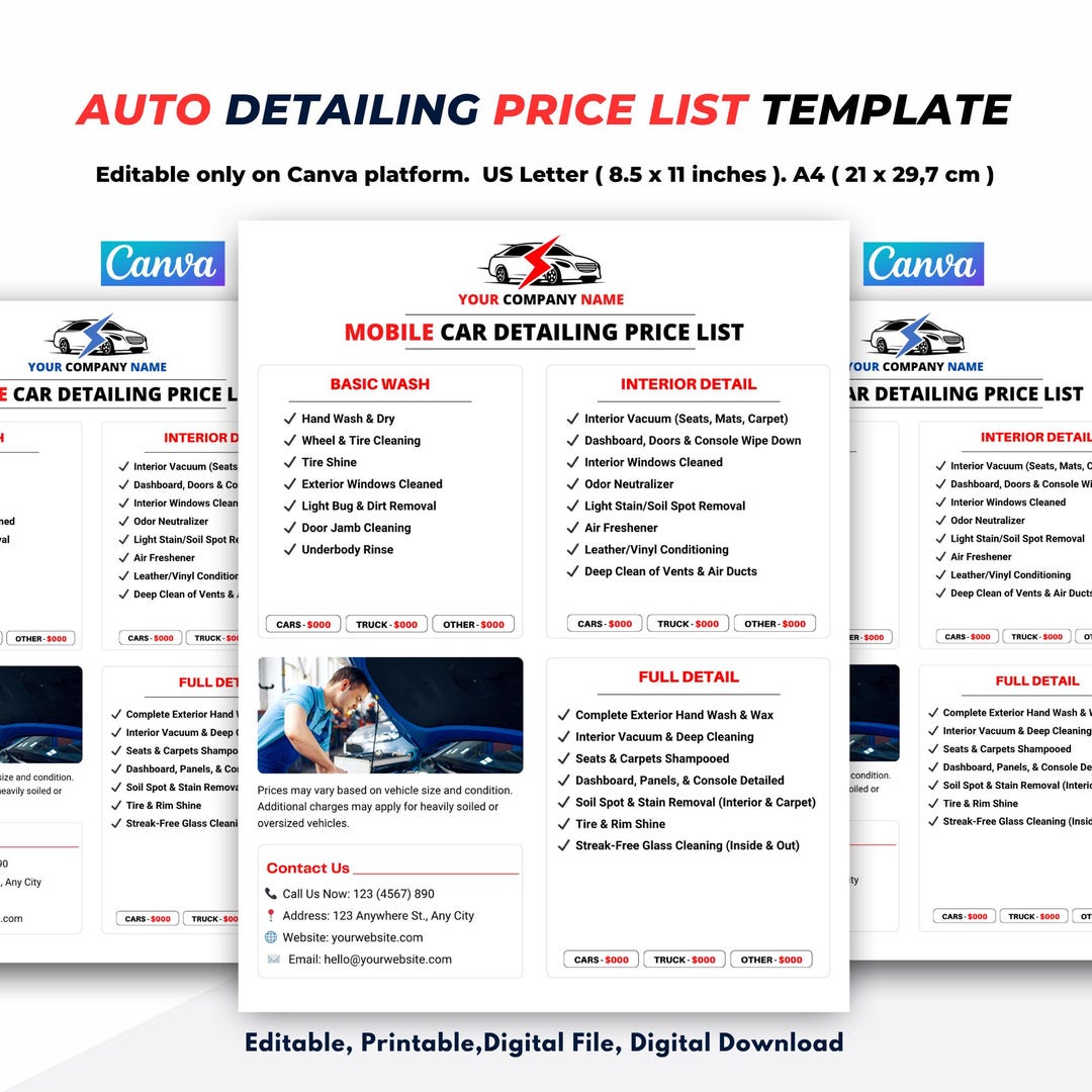 Mobile Car Detailing Price List Template, Auto Detailing Flyer - Etsy