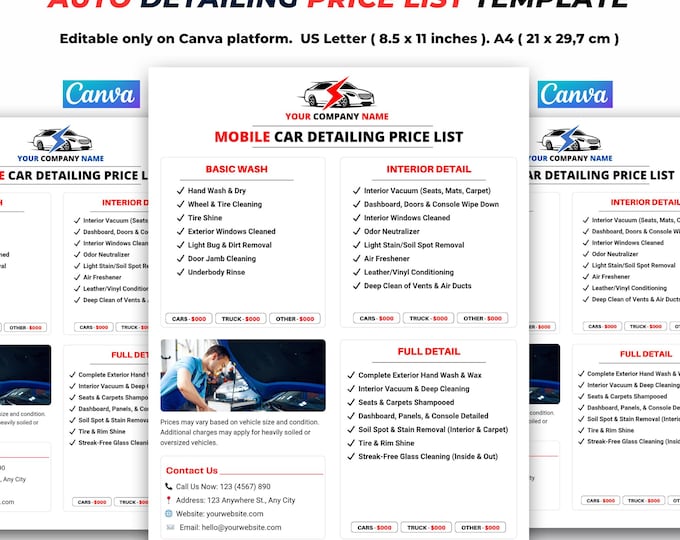 Mobile Car Detailing Price List Template, Auto Detailing Flyer - Etsy
