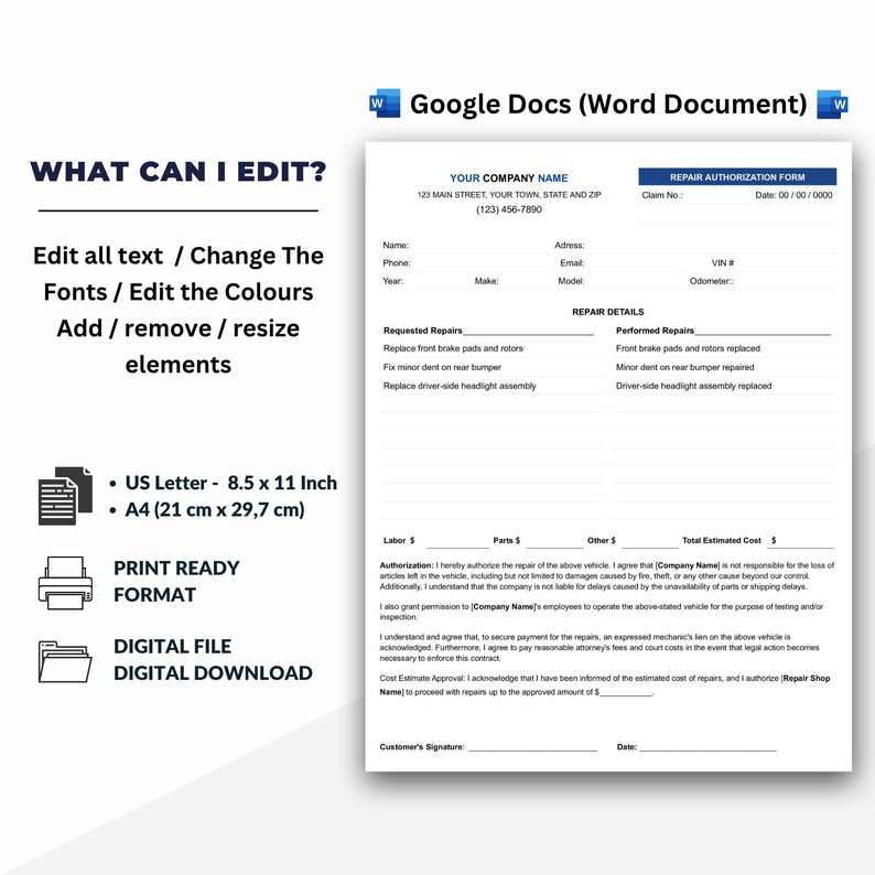Repair Authorization Form Template, Editable Automotive Service Consent ...