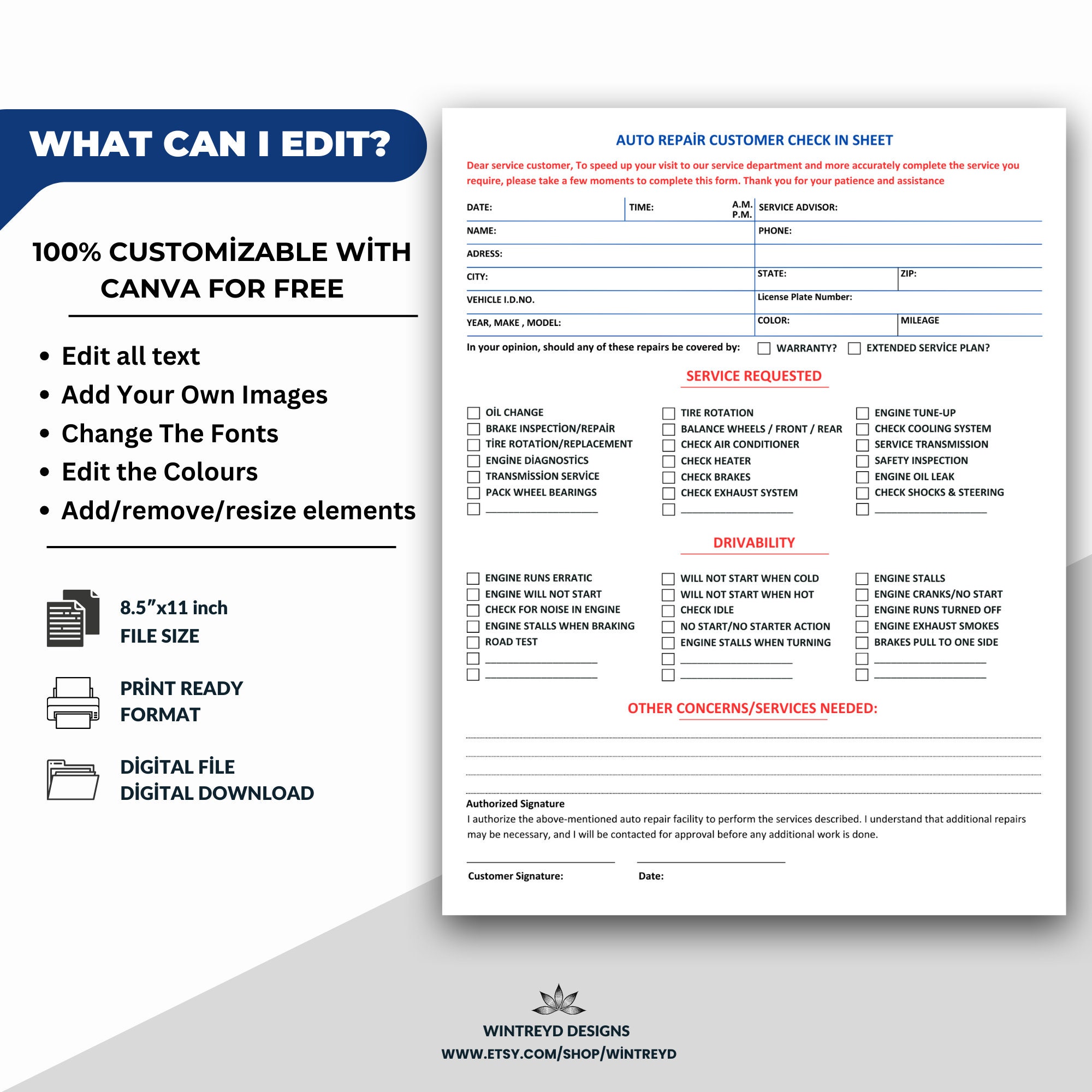 Pre-service Check-in Form, Auto Repair Customer Check-in Sheet Template ...