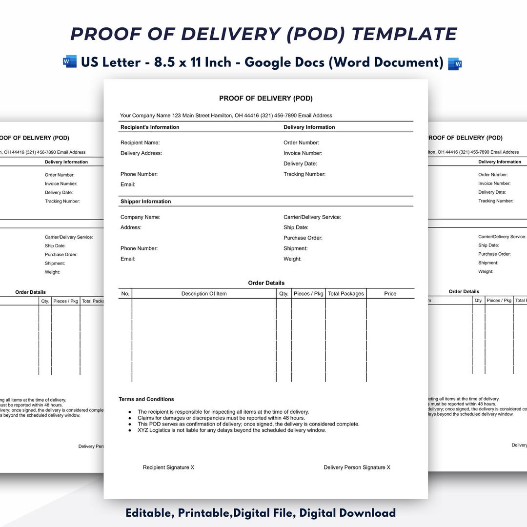 Proof of Delivery (POD) Template, Google Docs (word Document) - Etsy