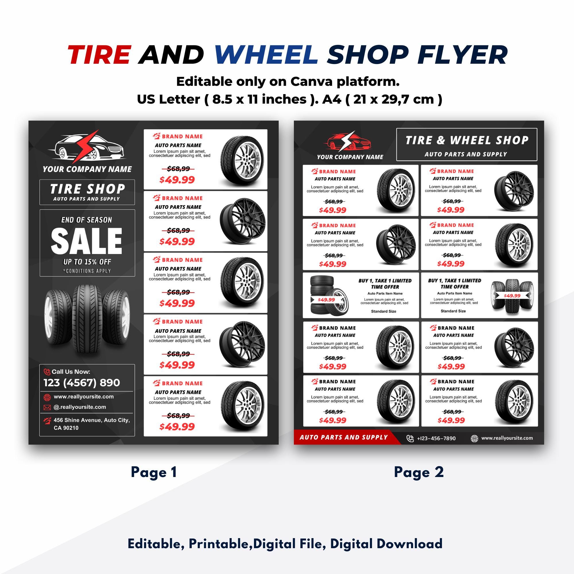 Tire and Wheel Shop Flyer Template, Editable & Printable Design, Tire ...