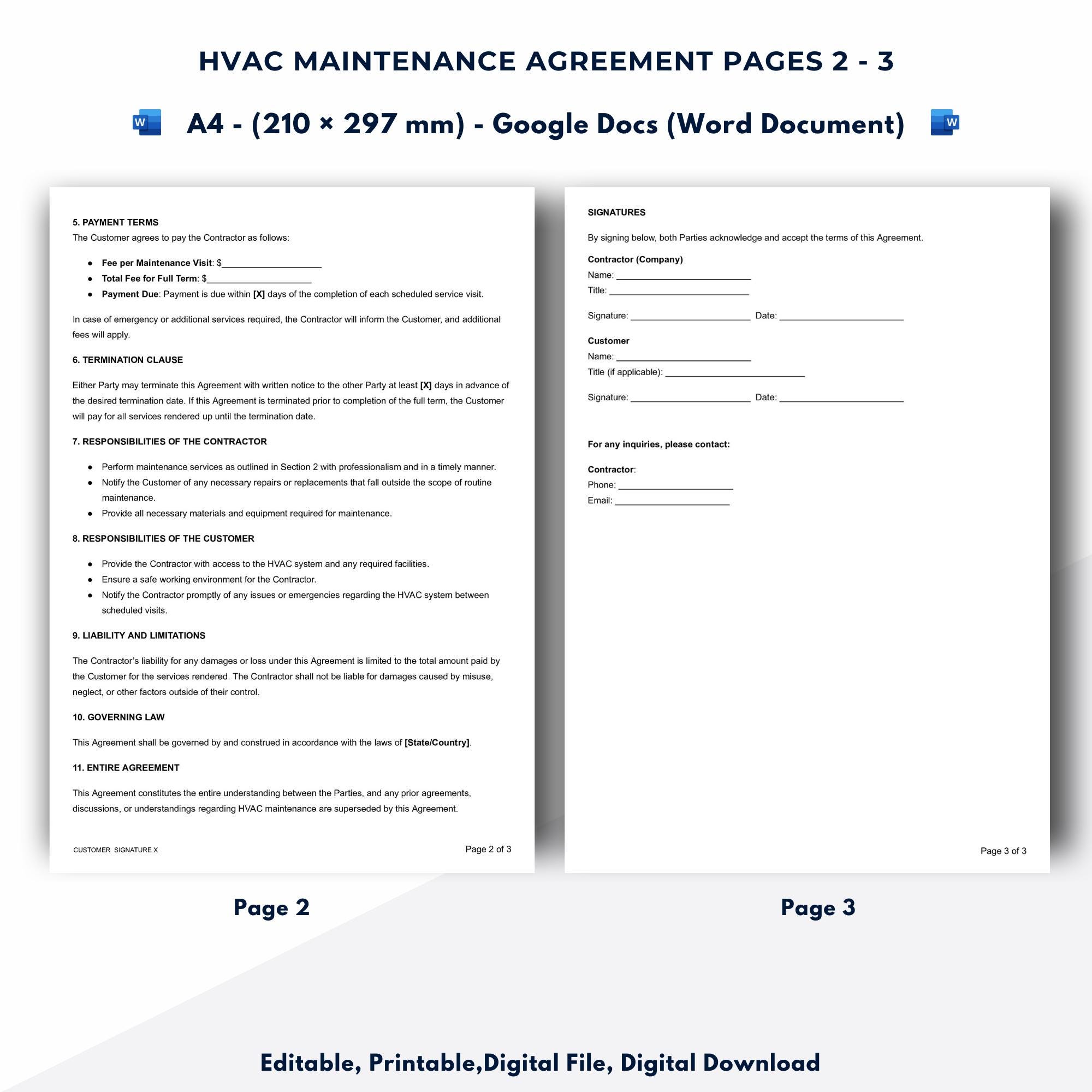 HVAC Maintenance Agreement Template, HVAC Service Contract - Etsy