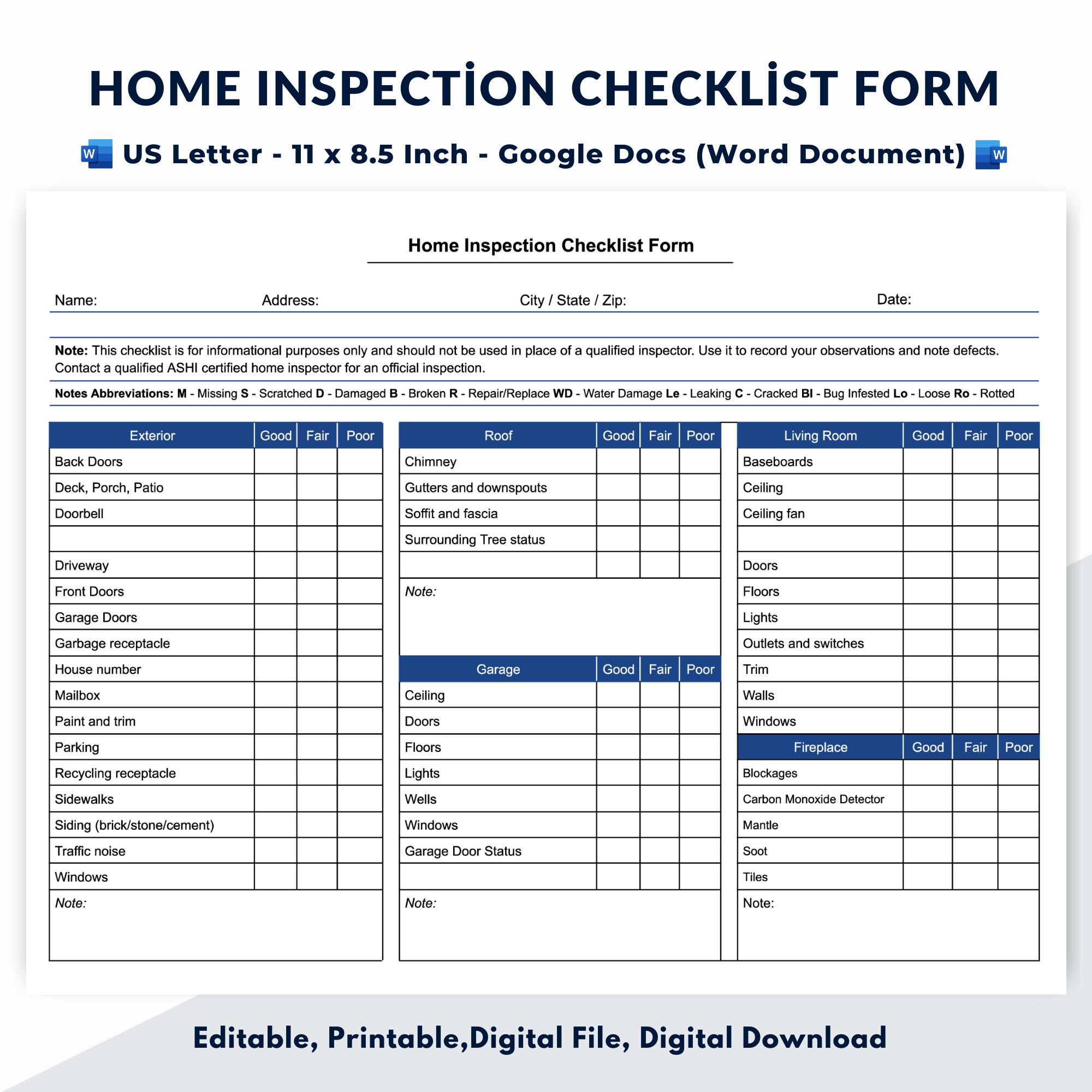 Home Inspection Checklist Template, Google Docs (word Document ...