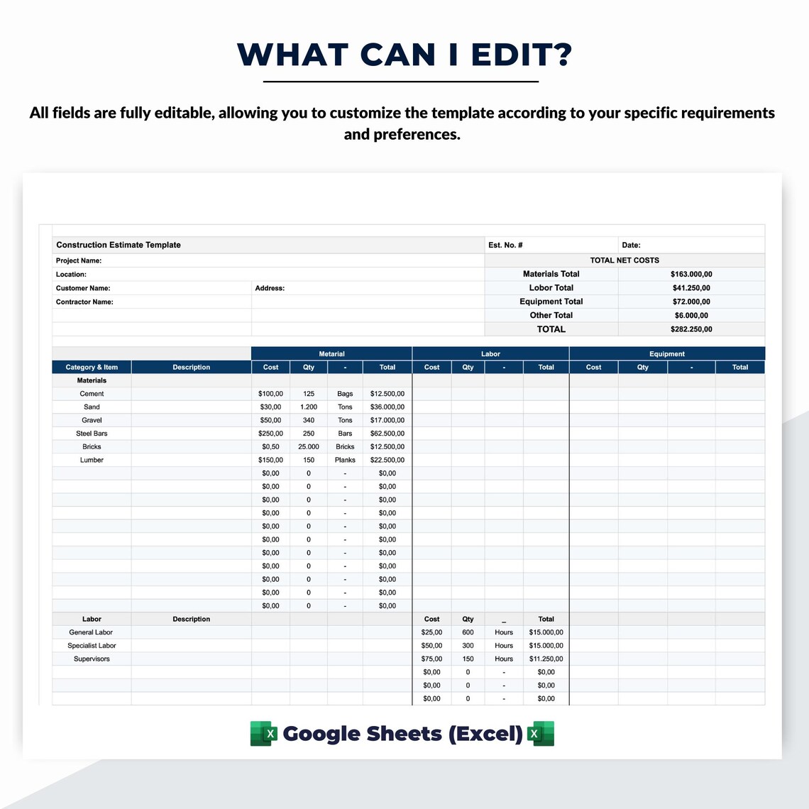 Construction Estimate Template, Google Sheets (excel), Contractor ...