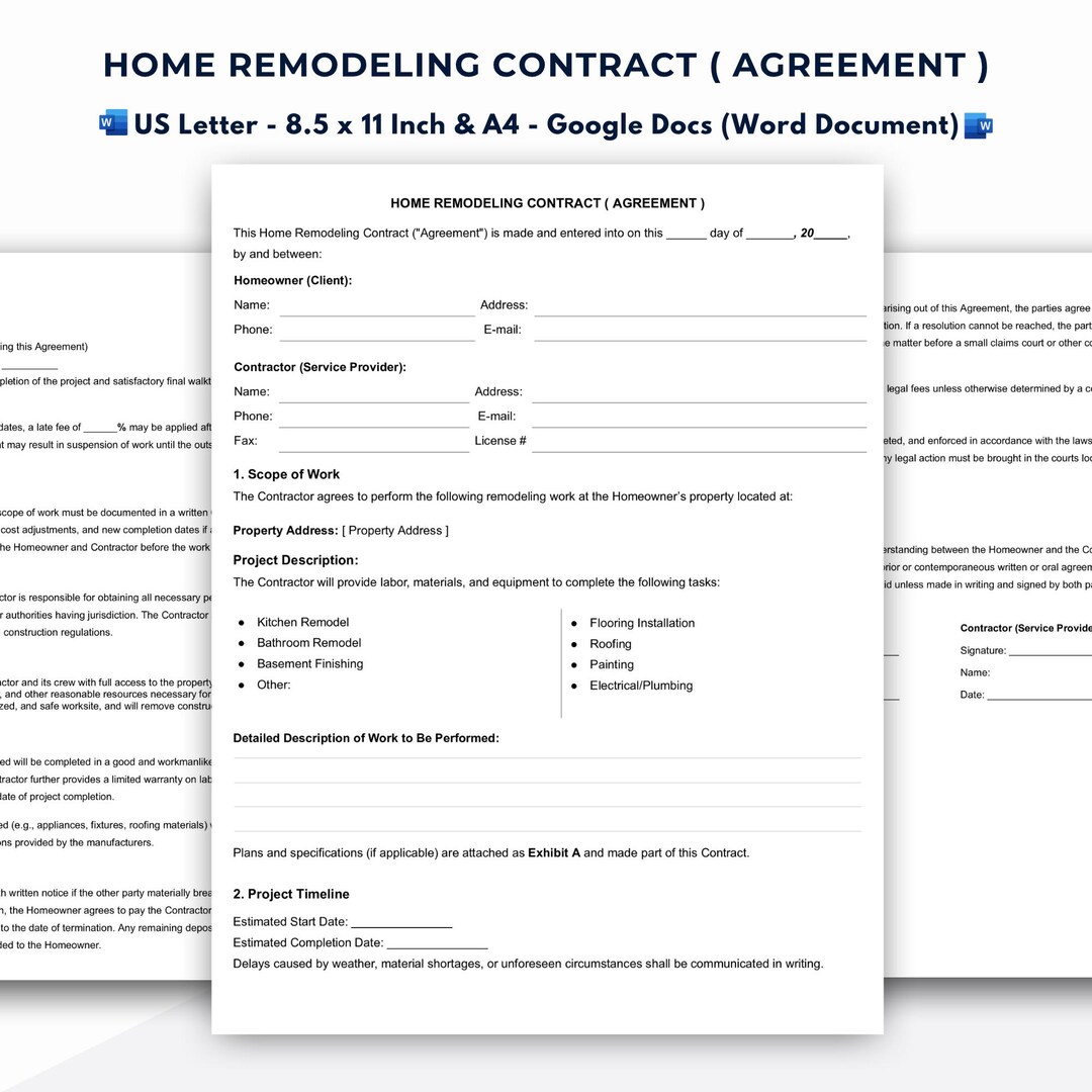 Home Remodeling Contract Template, Editable Remodeling Agreement for ...