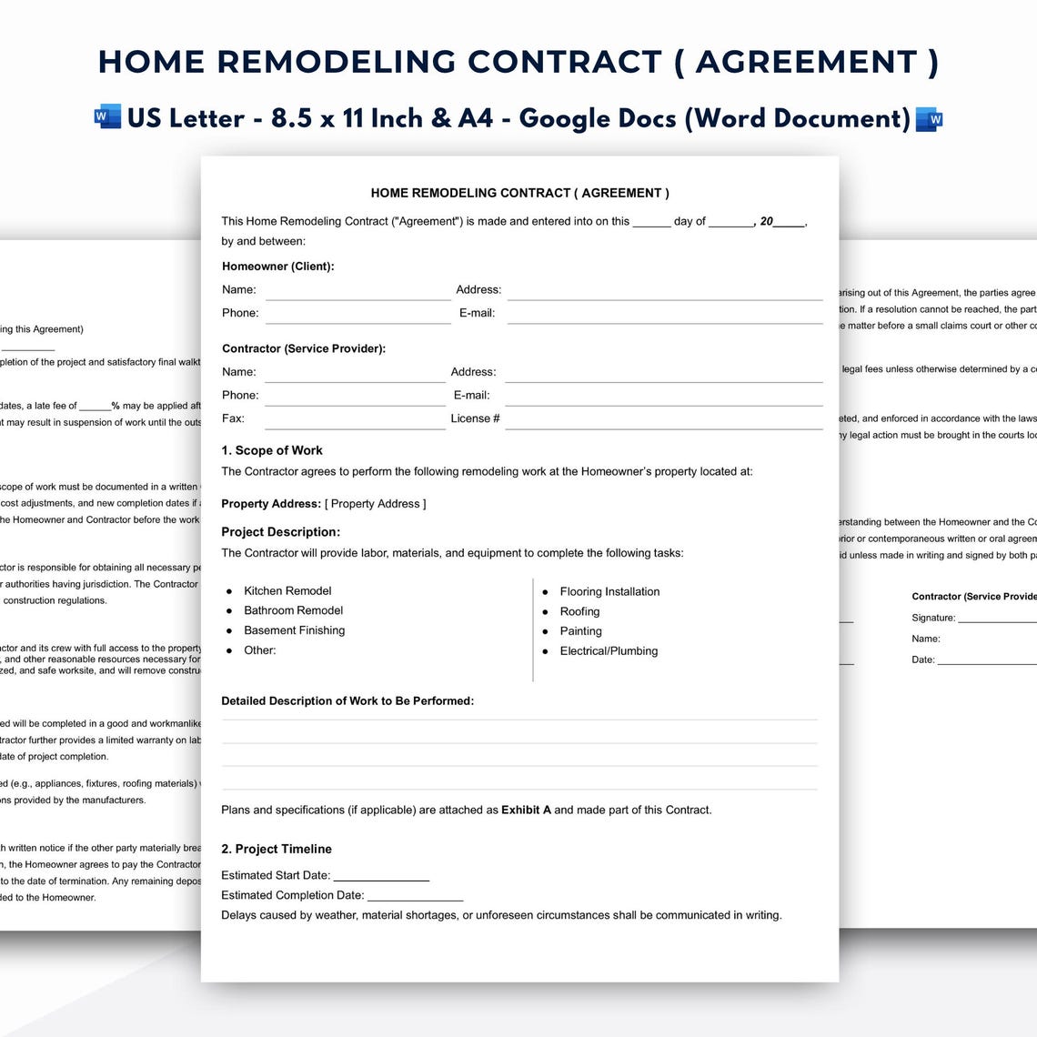 Home Remodeling Contract Template, Editable Remodeling Agreement for ...