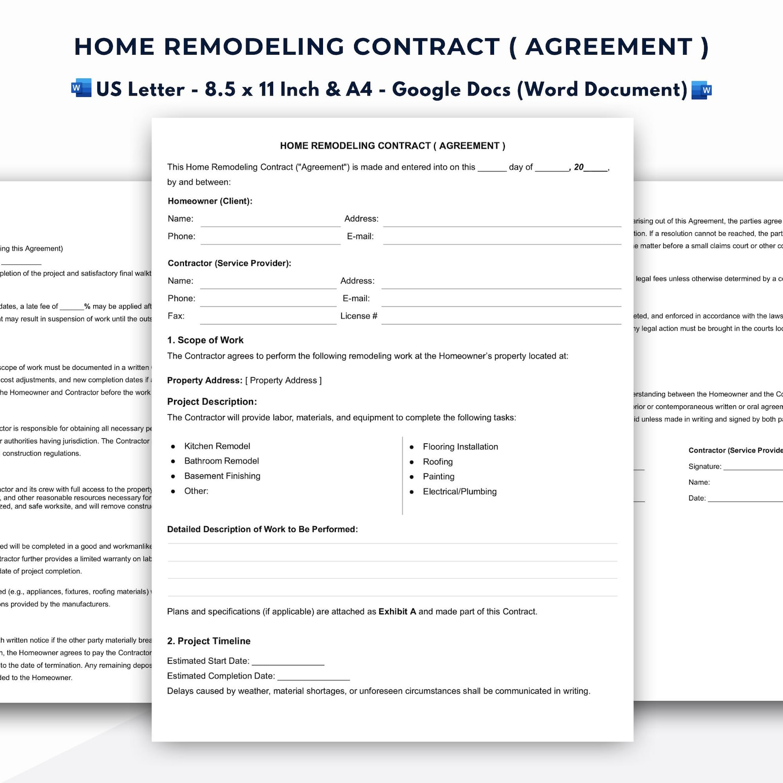 Home Remodeling Contract Template, Editable Remodeling Agreement for Contractors & Homeowners ...