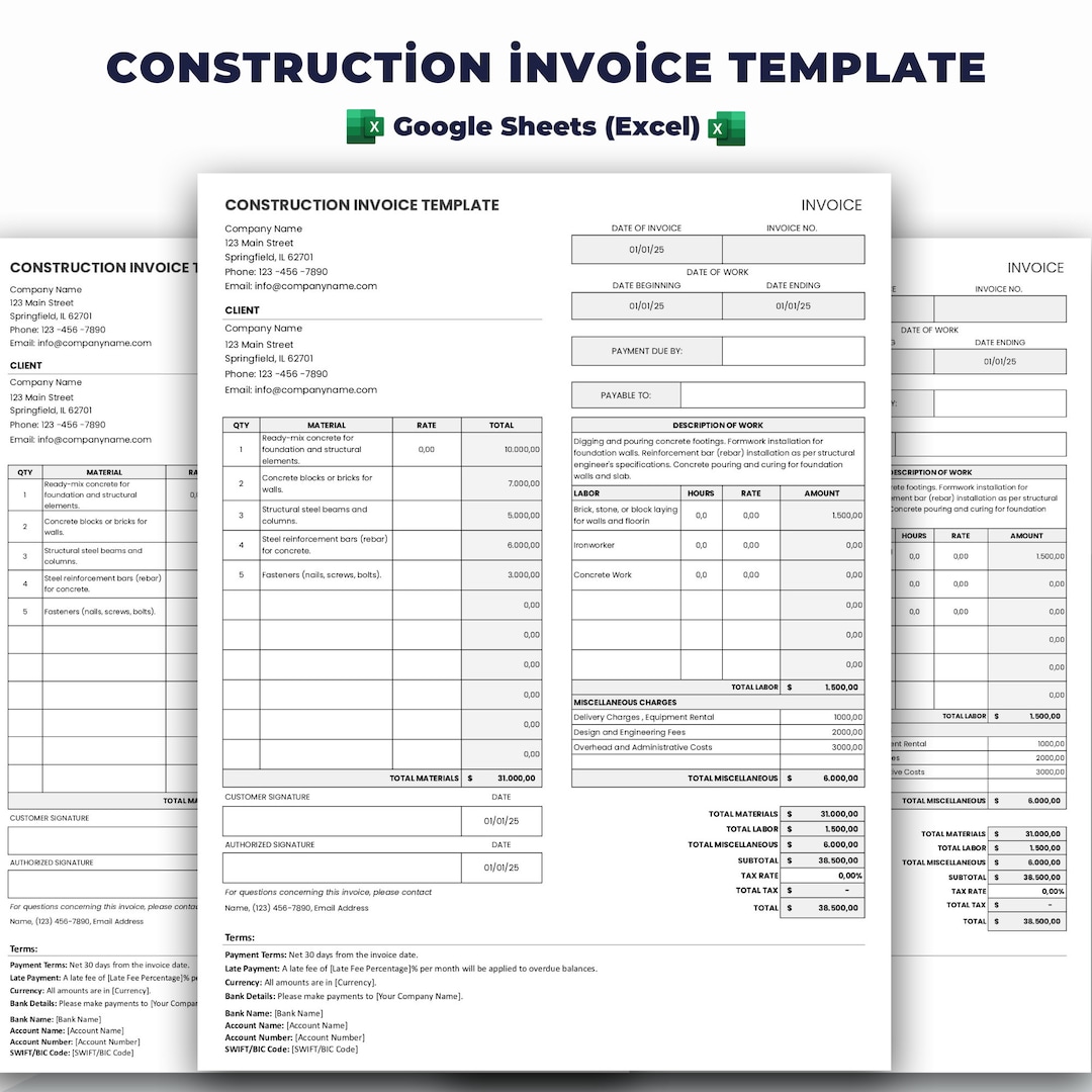 Construction Invoice Template - Excel and Google Sheets Compatible - Etsy