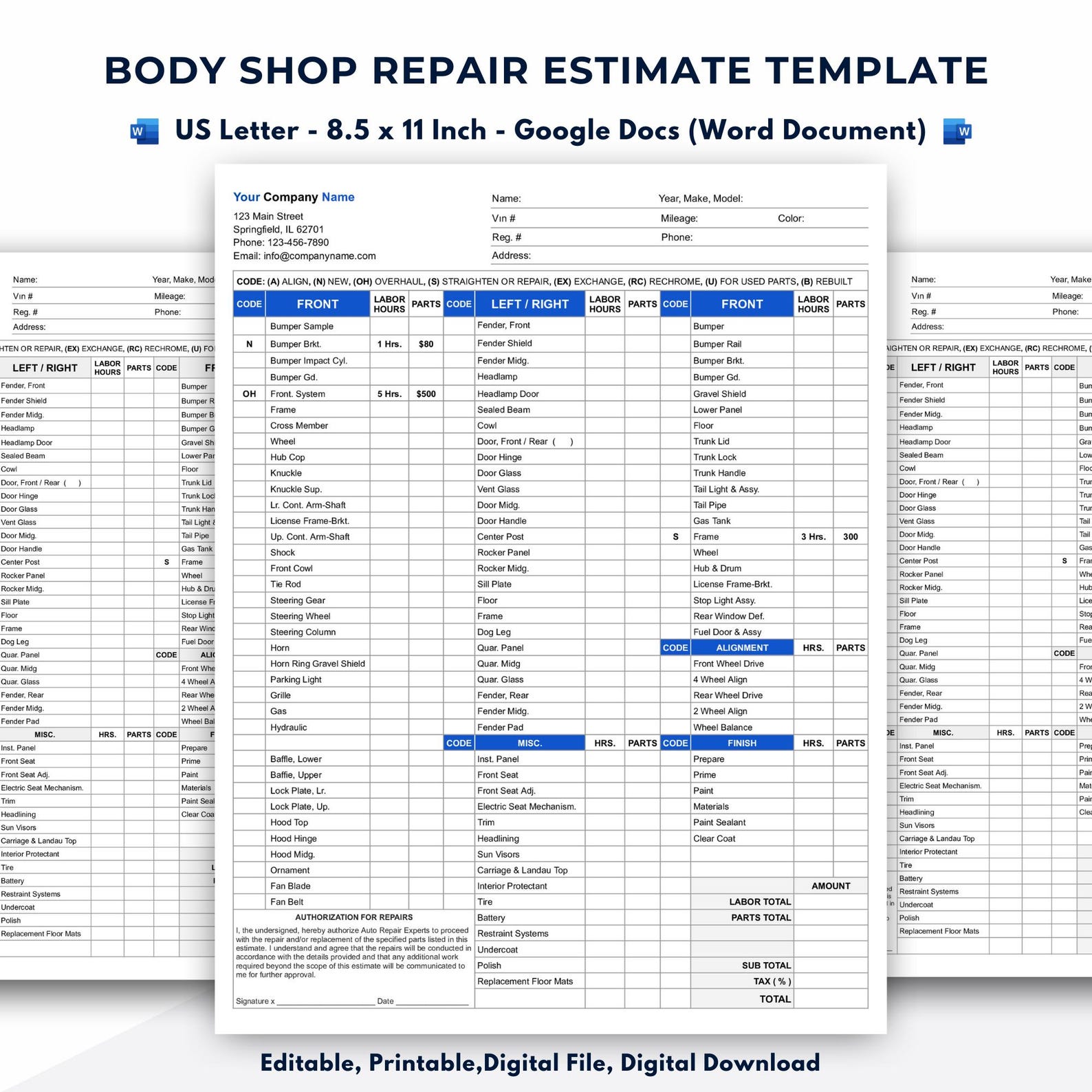 Body Shop Repair Estimate Template, Auto Body Checklist Form - Etsy