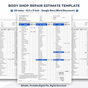Body Shop Repair Estimate Template, Auto Body Checklist Form - Etsy