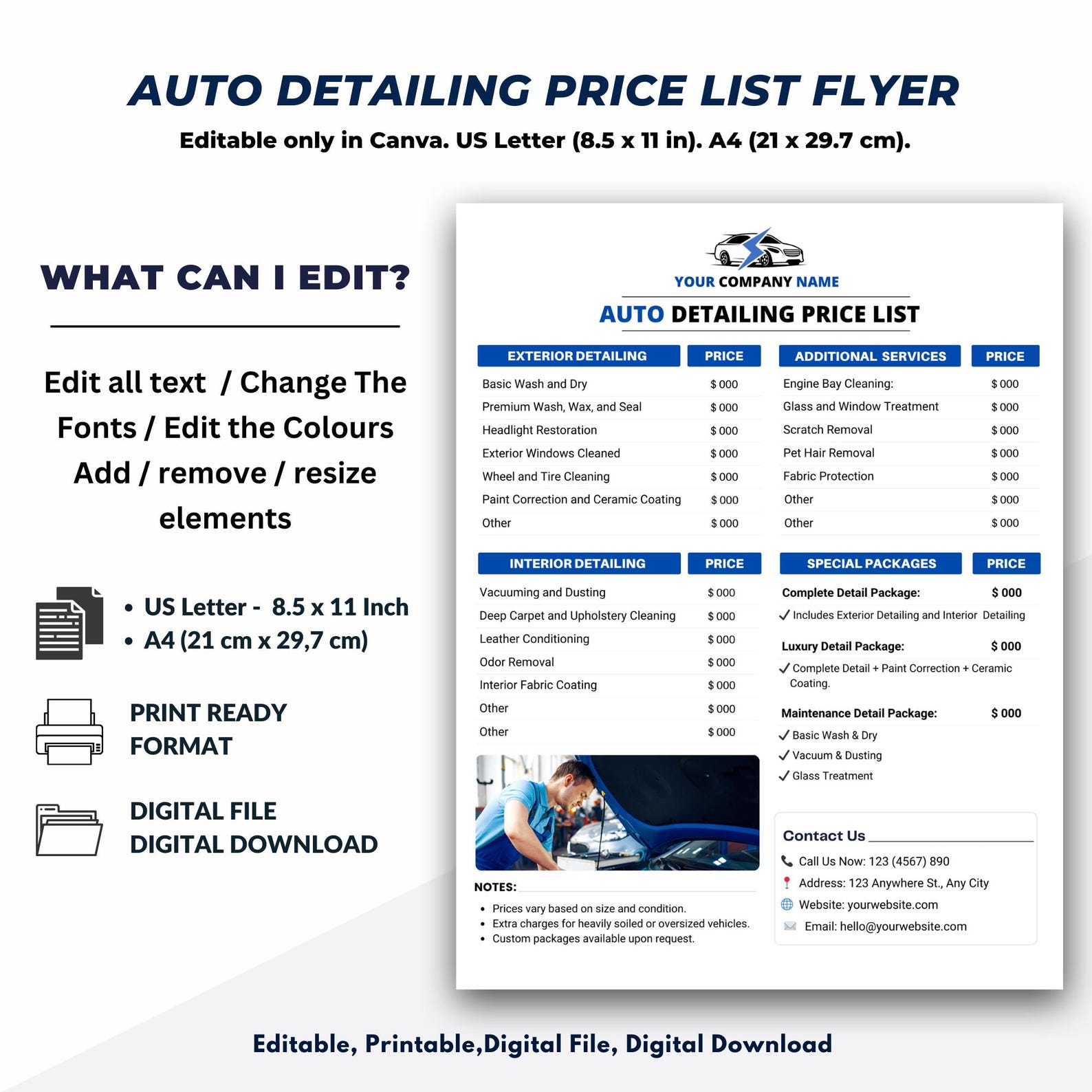 Auto Detailing Price List Template, Editable Canva Template - Etsy