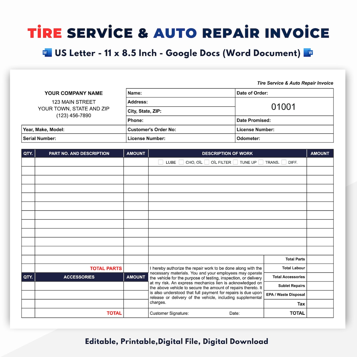 Tire Service & Auto Repair Invoice Template, Tire Repair Order Form - Etsy