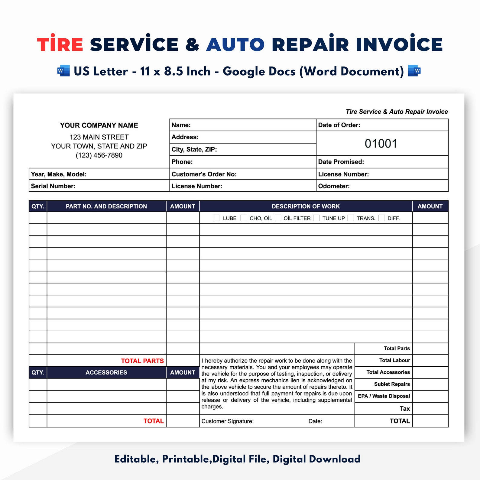 Auto Repair Invoice Template, Tire Service Order Form - Etsy