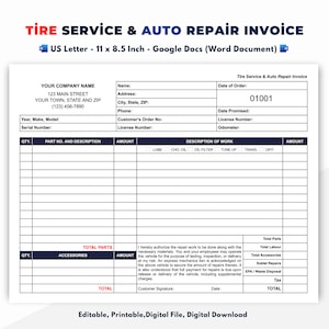 Auto Repair Invoice Template, Tire Service Order Form - Etsy