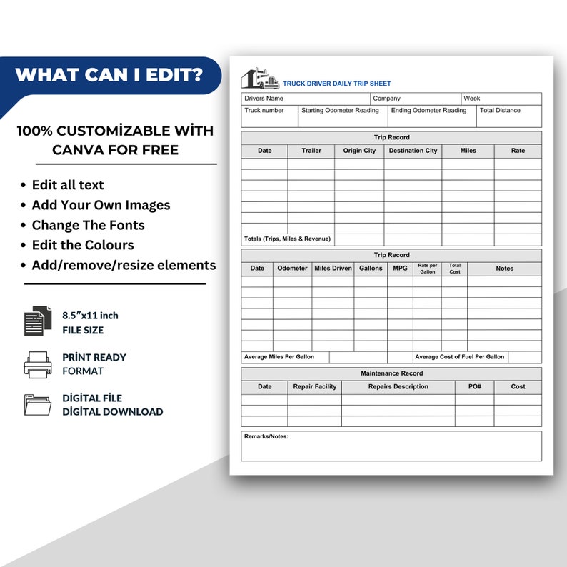 Truck Driver Daily Trip Sheet Template Digital Download - Etsy
