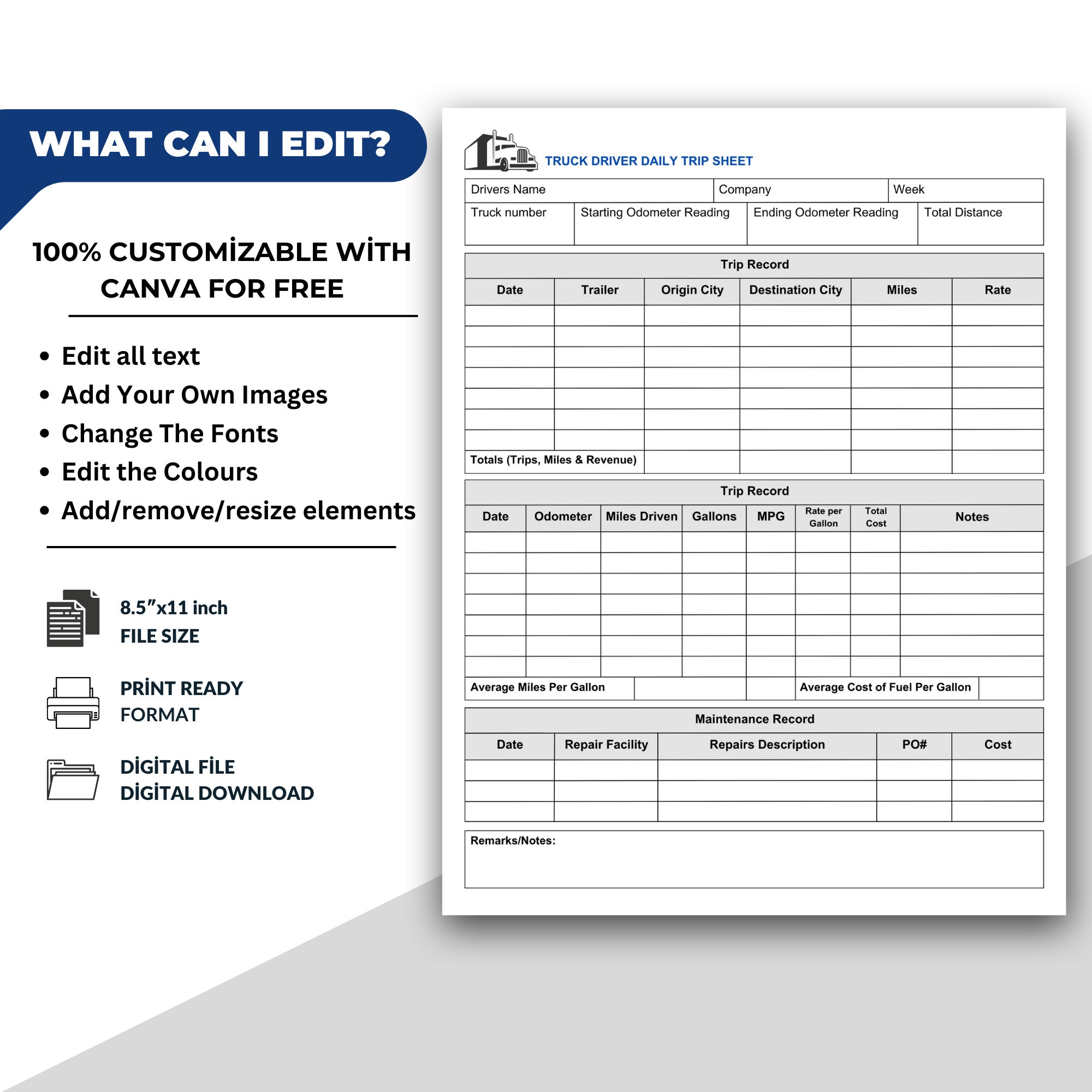 Truck Driver Daily Trip Sheet Template Digital Download - Etsy