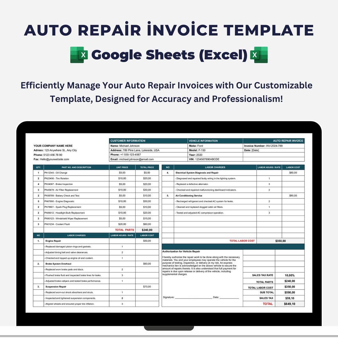 Auto Repair Invoice Template, Auto Repair Estimate, Excel and Google ...