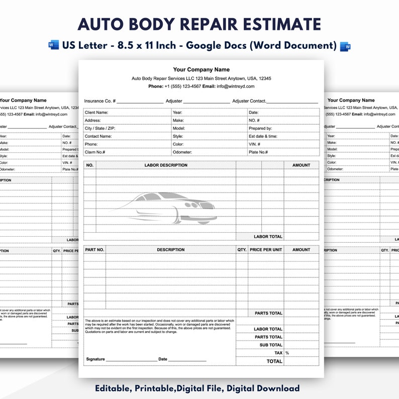 Auto Body Repair Estimate Template, Google Docs (word Document) - Etsy