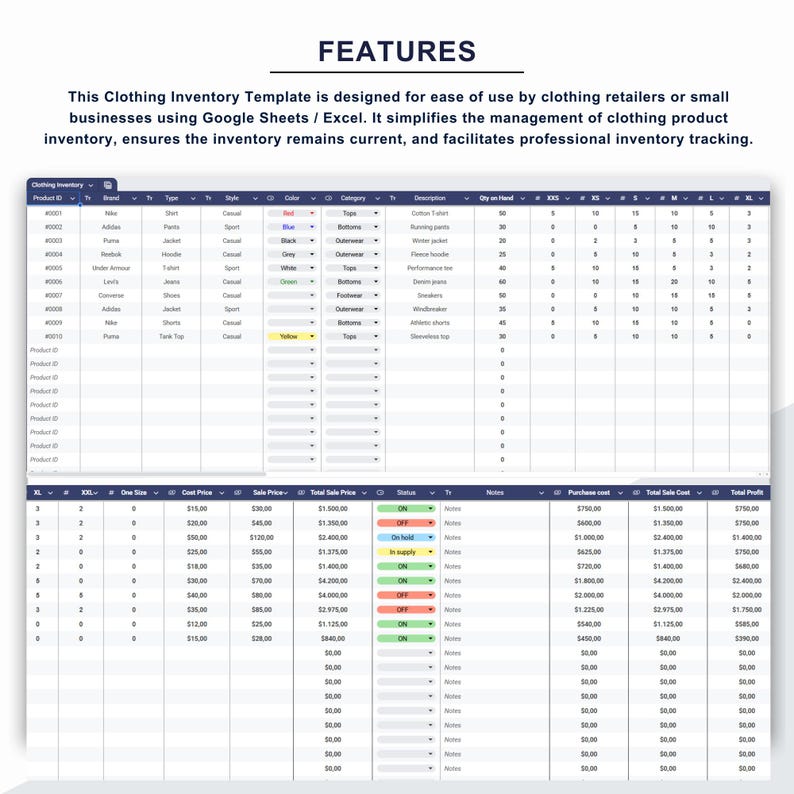 Clothing Inventory Template: Excel & Google Sheets (digital Download ...