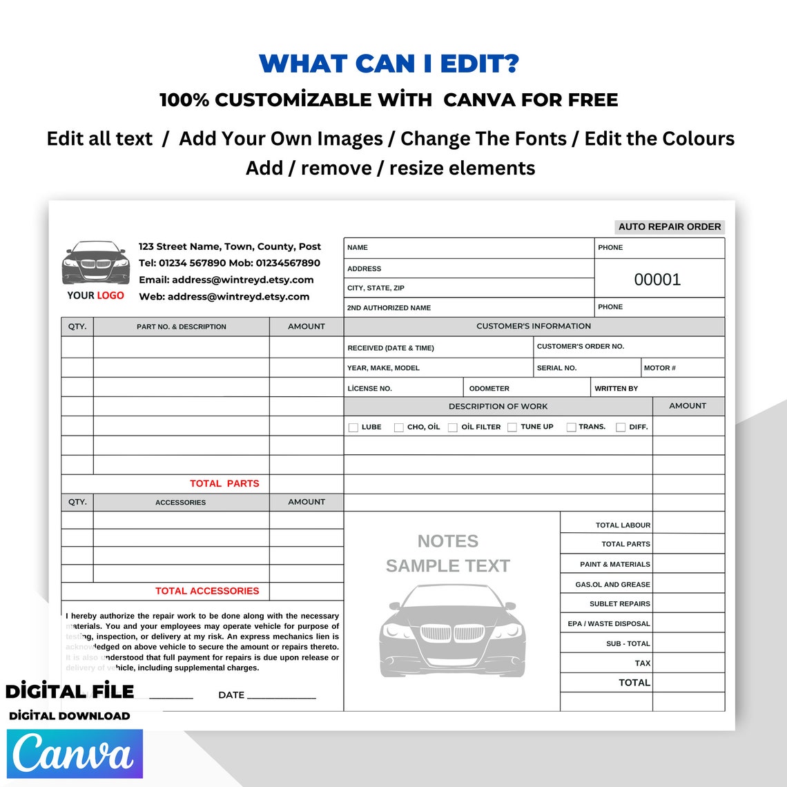 Auto Repair Order Form Template, Repair Work Order and Invoice Form - Etsy