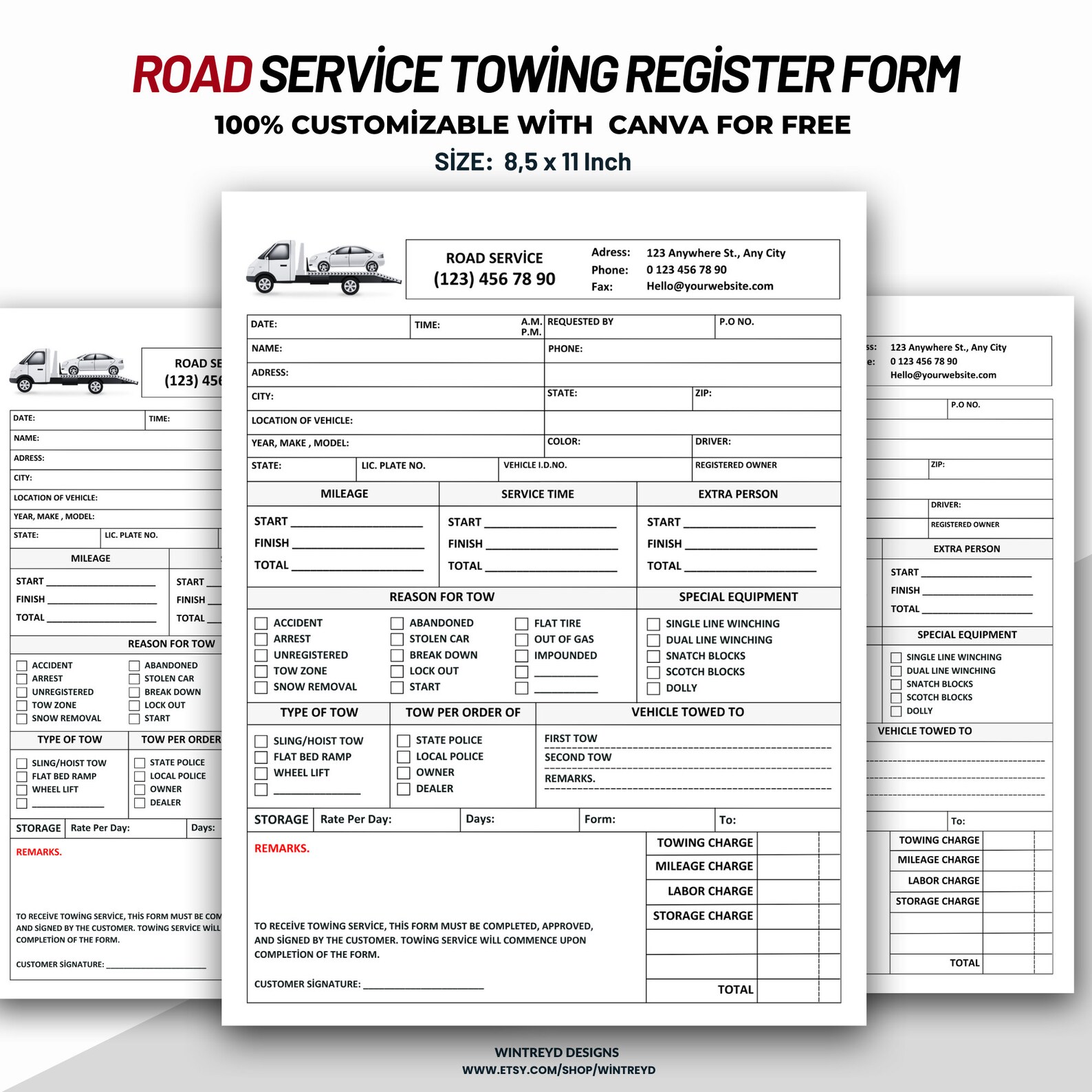 Road Service Invoice Template: Towing Register Form (canva Editable ...